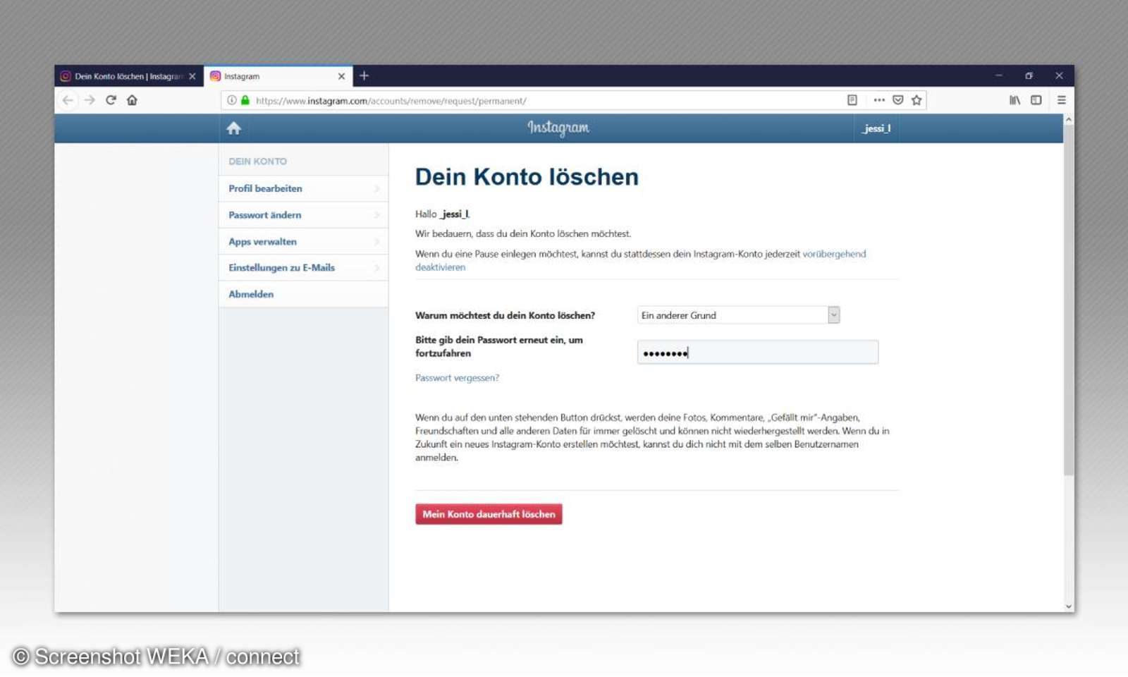 Instagram Account Löschen Oder Deaktiveren Am Pc Via App Connect