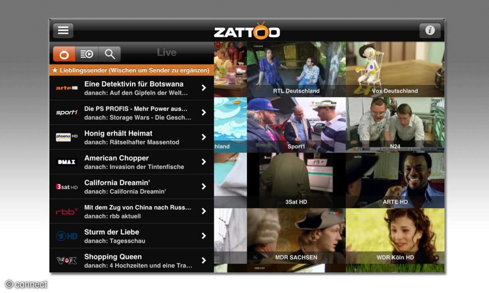 Zattoo - überall Fernsehen - connect
